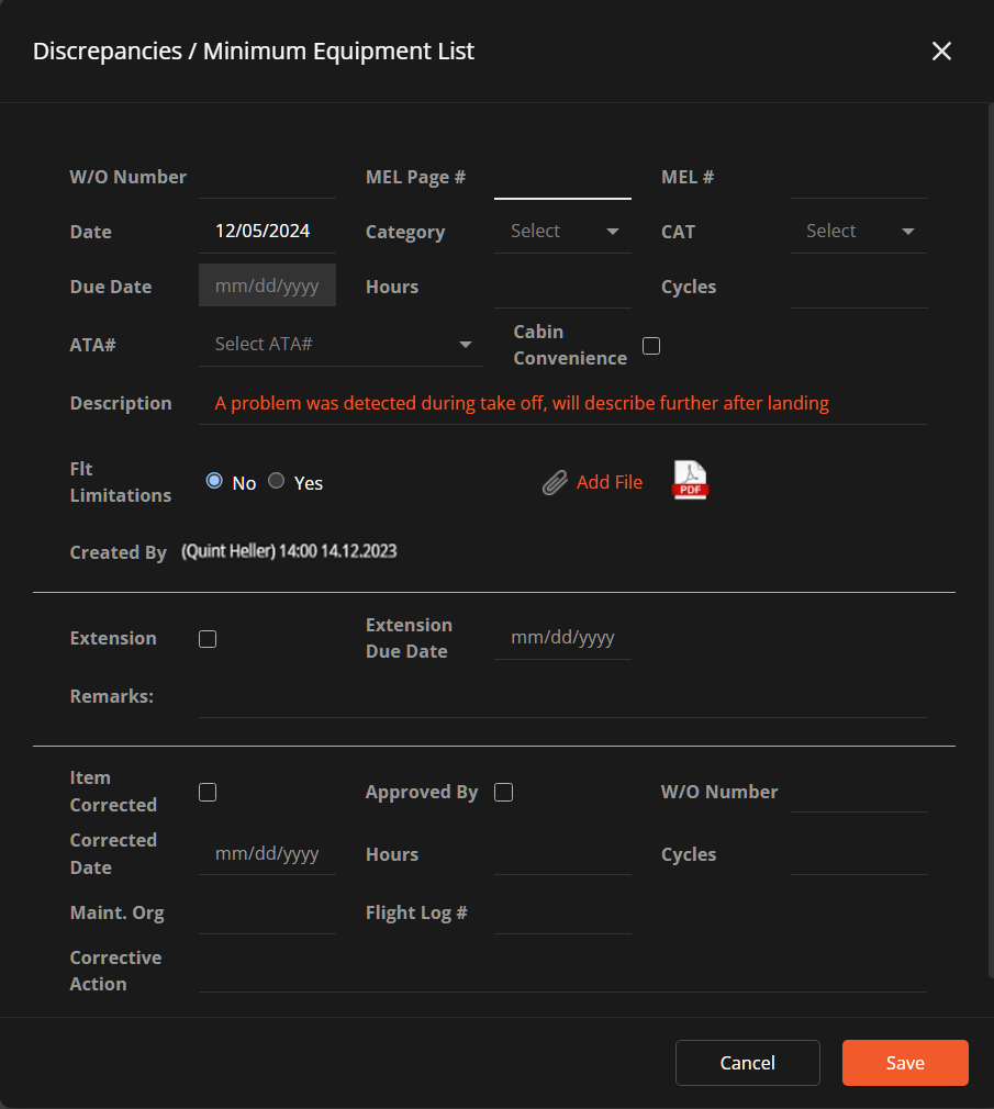 Discrepancy, HIL/MEL, CDL and NEF Maintenance Items Form and Report