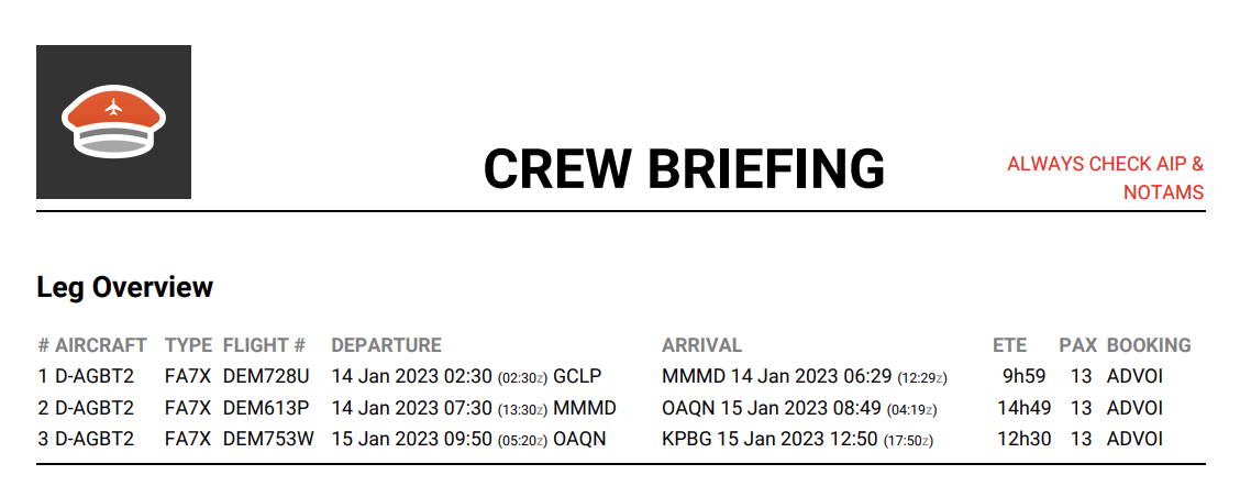 How to enable the Combined Crew Briefing based on booking and aircraft ...